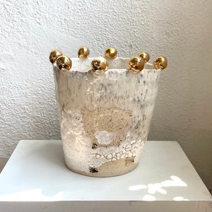 Speckled Stoneware Ceramic Vase With Gold Adorned Rim, Handmade Ceramic ...