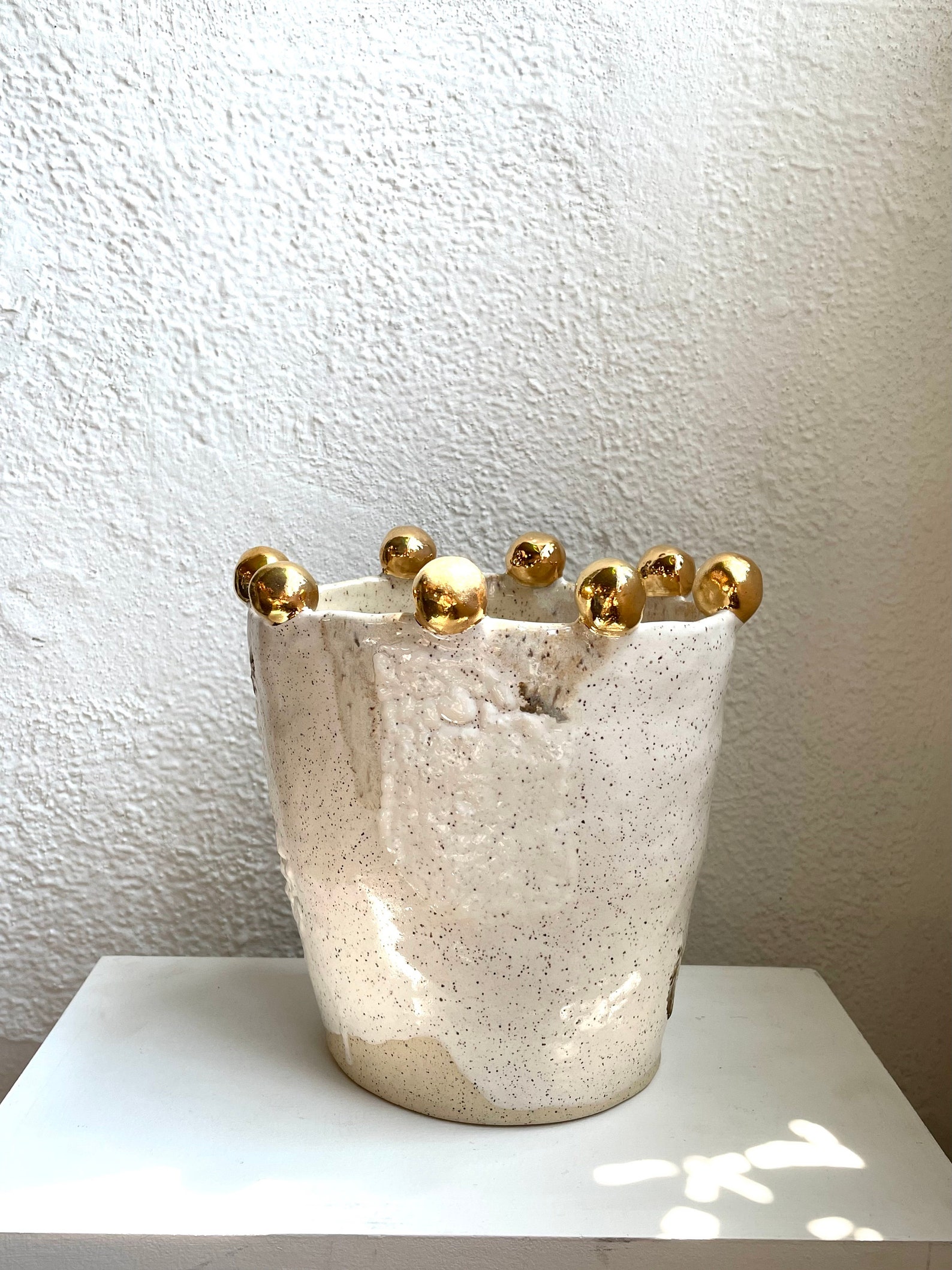 Speckled Stoneware Ceramic Vase With Gold Adorned Rim, Handmade Ceramic ...