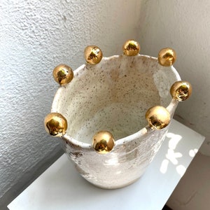 Speckled Stoneware Ceramic Vase With Gold Adorned Rim, Handmade Ceramic ...