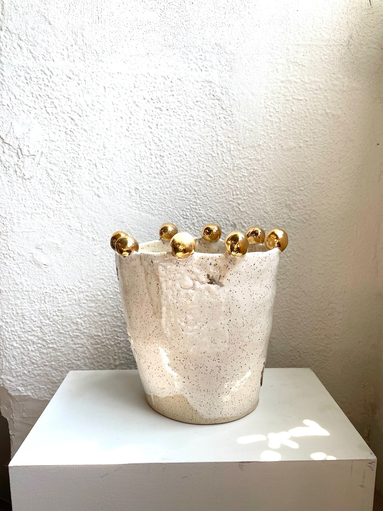 Speckled Stoneware Ceramic Vase With Gold Adorned Rim, Handmade Ceramic ...