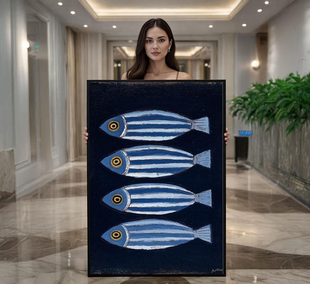 Whimsical Blue Fish Canvas Wall Art Print Nautical Living Room Decor ...