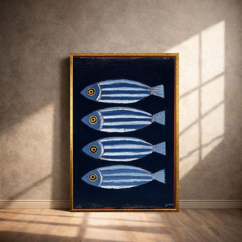 Whimsical Blue Fish Canvas Wall Art Print Nautical Living Room Decor ...