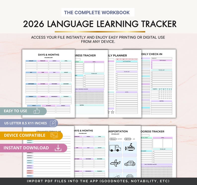 2026 Language Learning Tracker Printable | Vocabulary, Study Goals ...