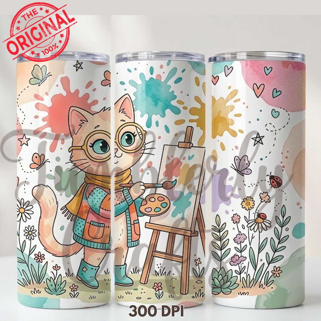 Wild & Wacky Cat With Boho Flowers Png, 20 Ounce Oz Skinny Tumbler ...