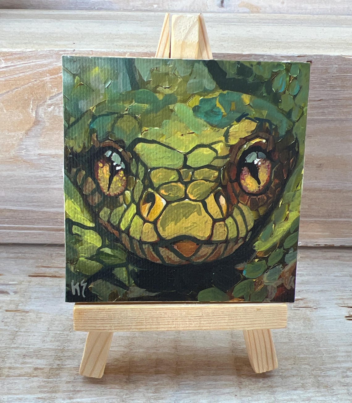 Miniature Acrylic ORIGINAL Art Portrait of Green Snake Comes With Easel ...