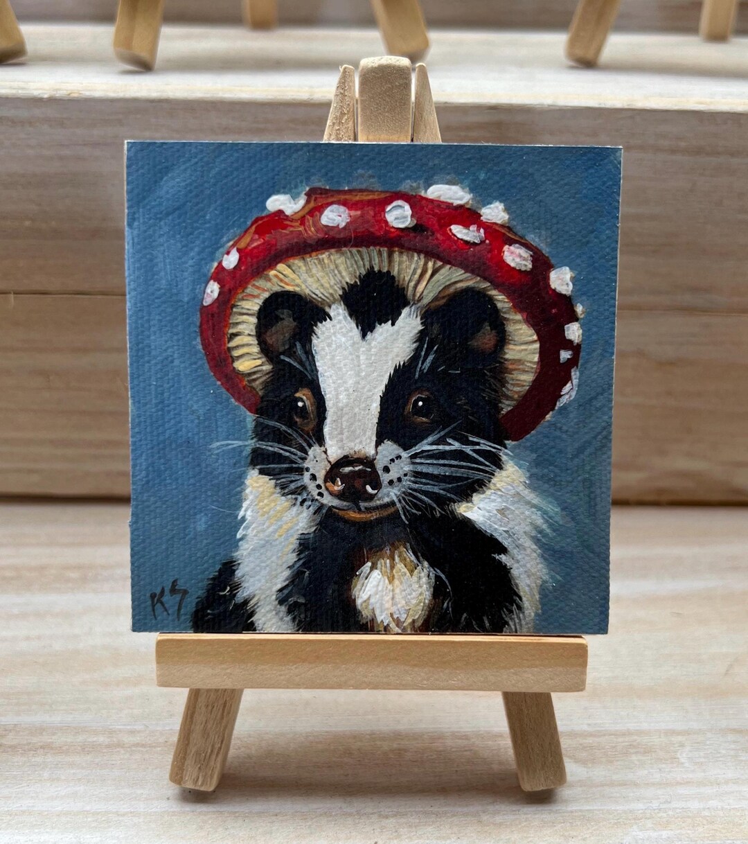 Miniature Acrylic ORIGINAL Art Portrait of Skunk in Mushroom Hat With ...