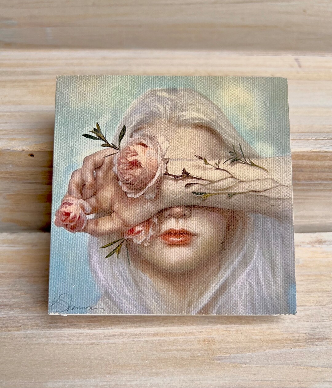 Wood Panel Print on Canvas Woman in Peonies 4x4 5x5 and 6x6 Sizes - Etsy