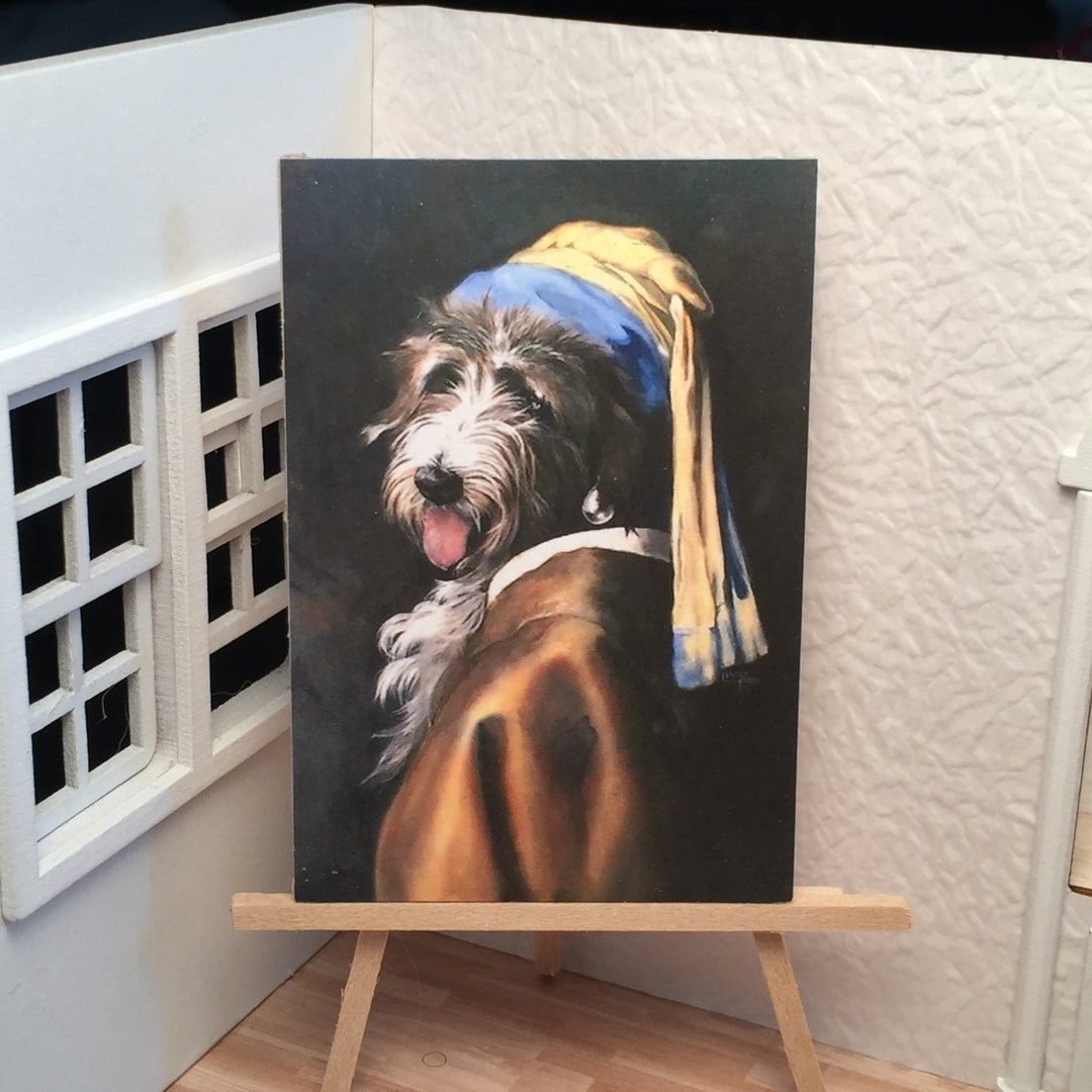 Miniature Shadow Box Art Print Painting Funny Dog as Girl With a Pearl ...
