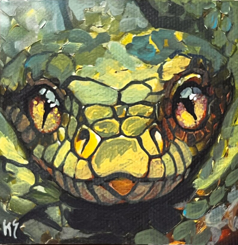 Miniature Acrylic ORIGINAL Art Portrait of Green Snake Comes With Easel ...