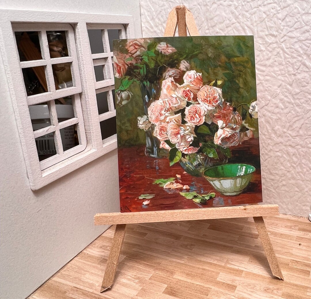 Miniature Dollhouse Room Box Art Roses in Vase With Green Bowl Still ...