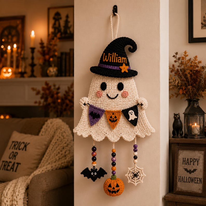 Custom Crochet Ghost Door Hanger, Personalized Halloween Witch Decor ...