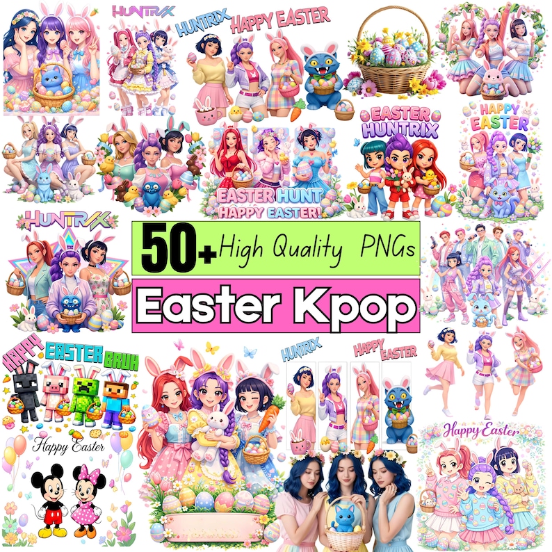 50+ Kpop Inspired Easter Girl PNG Bundle, Preppy Pastel Bunny Spring ...