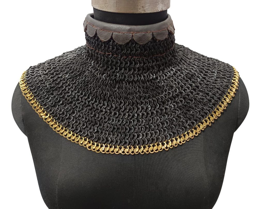 Blackened Chainmail Collar With Brass Trim – Medieval 4 in 1 Aventail ...
