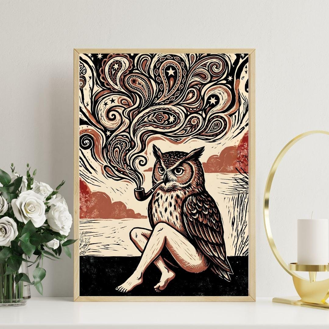 Owl Smoking Pipe Vintage Poster, Surreal Psychedelic Owl Print, Paisley Smoke Woodcut Art, Boho ...