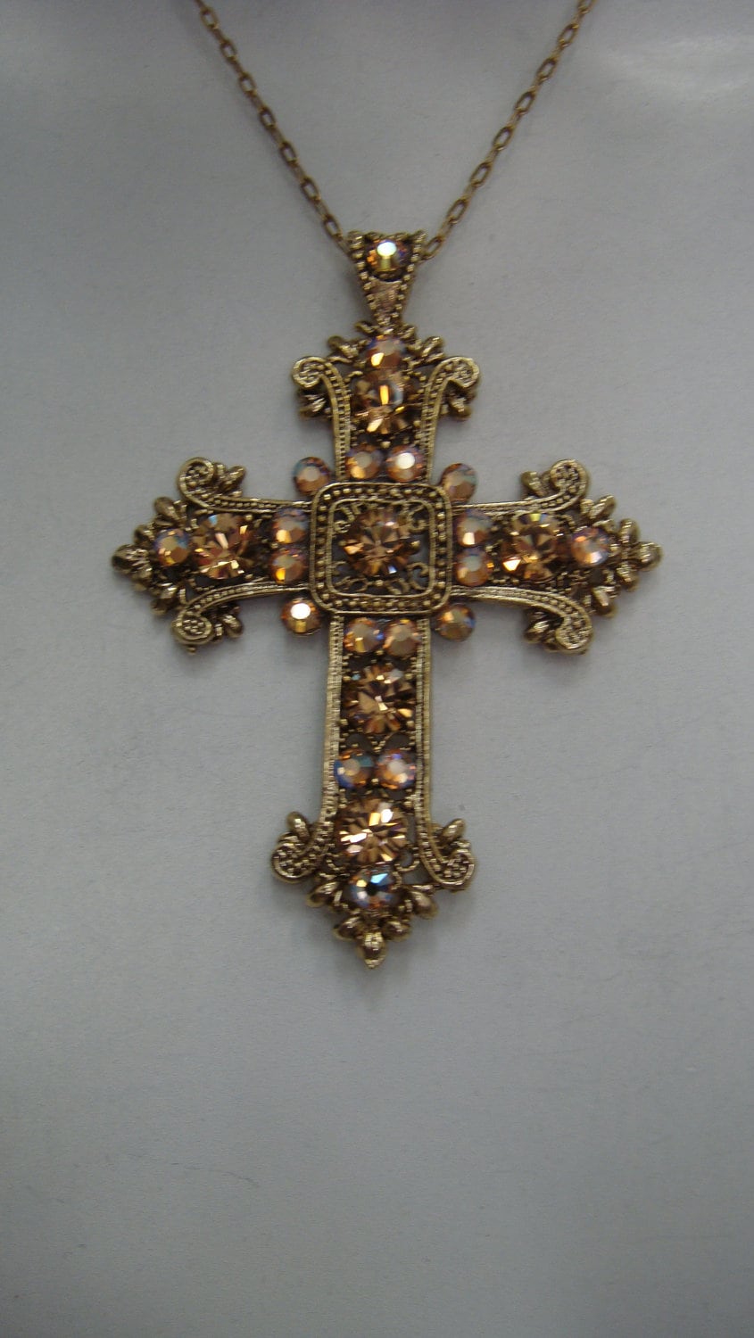 Renaissance Style - Antique Gold and Champagne Colored Crystals Cross ...