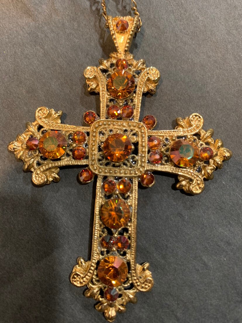 Gothic Renaissance Antique Gold Cross Crystal Copper Pendant | Etsy