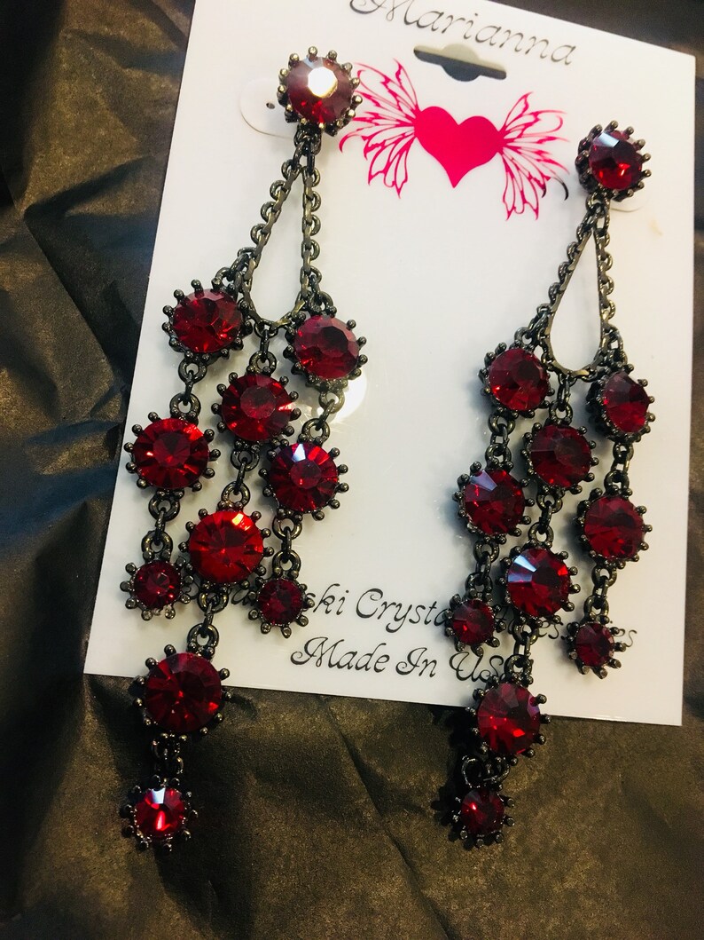 Water fall Crystal Chandelier Earrings Made with Siam Red | Etsy