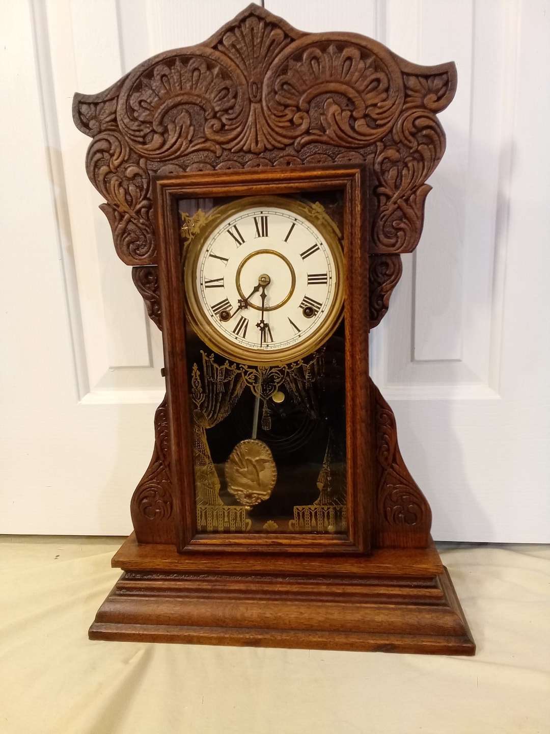 Restored Antique Gilbert Gingerbread Clock in Pressed Oak Parlor, 8-day ...
