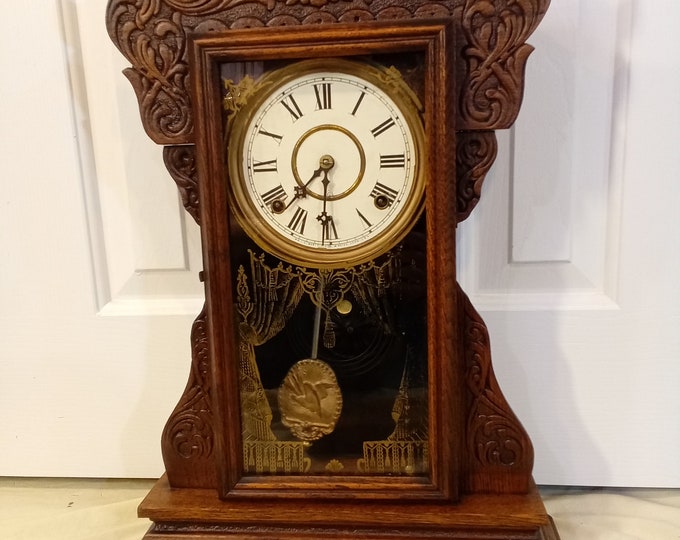Restored Antique Gilbert Gingerbread Clock in Pressed Oak Parlor, 8-day ...