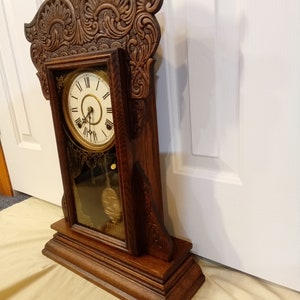 Restored Antique Gilbert Gingerbread Clock in Pressed Oak Parlor, 8-day ...