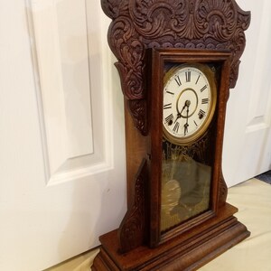 Restored Antique Gilbert Gingerbread Clock in Pressed Oak Parlor, 8-day ...