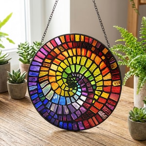 Abstract Rainbow Shell Spiral Suncatcher Stained Glass Coastal Beach ...