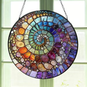 Abstract Rainbow Shell Spiral Suncatcher Stained Glass Coastal Beach ...