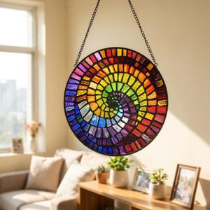 Abstract Rainbow Shell Spiral Suncatcher Stained Glass Coastal Beach ...