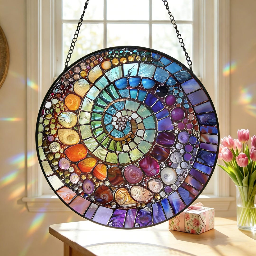 Abstract Rainbow Shell Spiral Suncatcher Stained Glass Coastal Beach ...