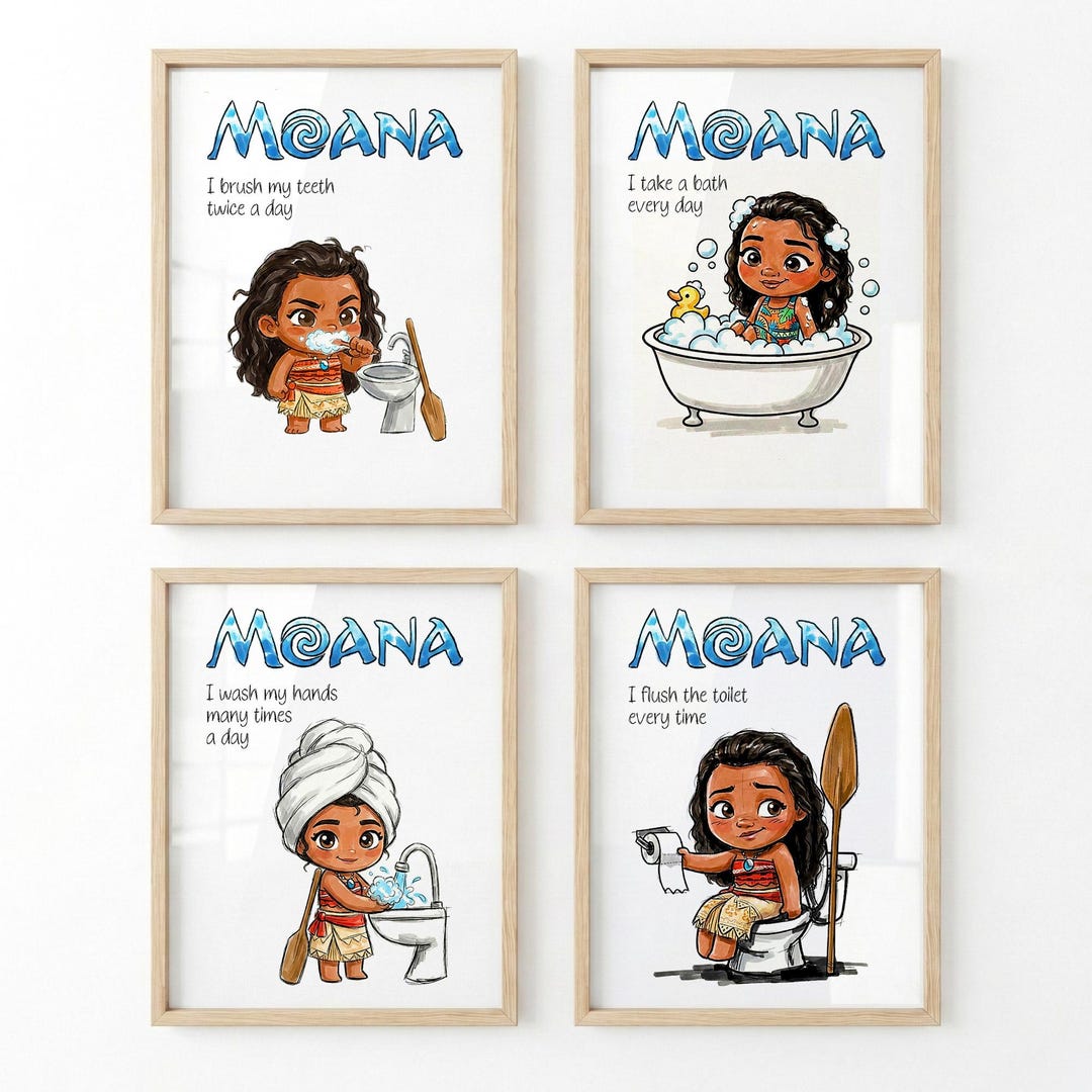 Set of 4 Moana Bathroom Art Bedtime Chores Routine Instant Digital ...
