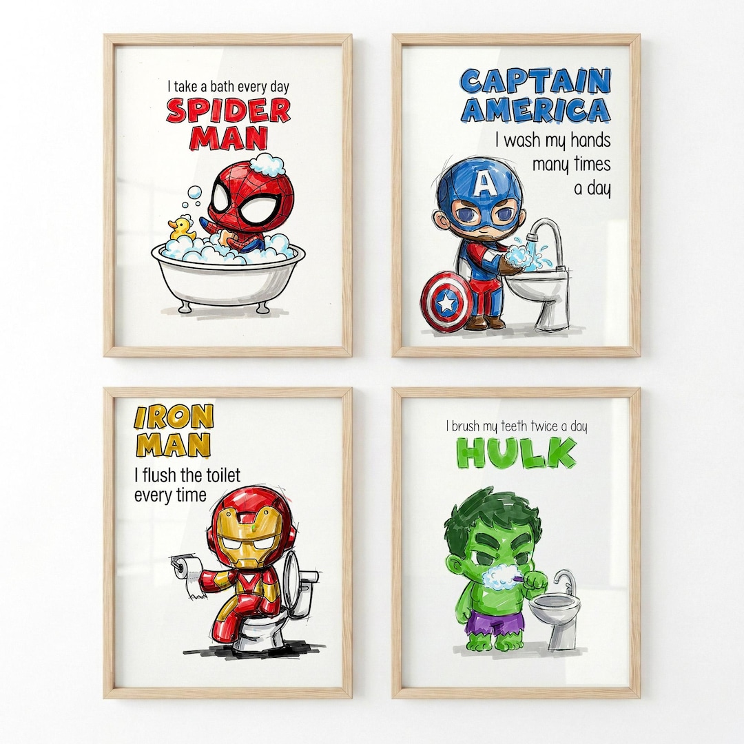 Set of 4 Superhero Bathroom Art Bedtime Chores Routine Instant Digital ...
