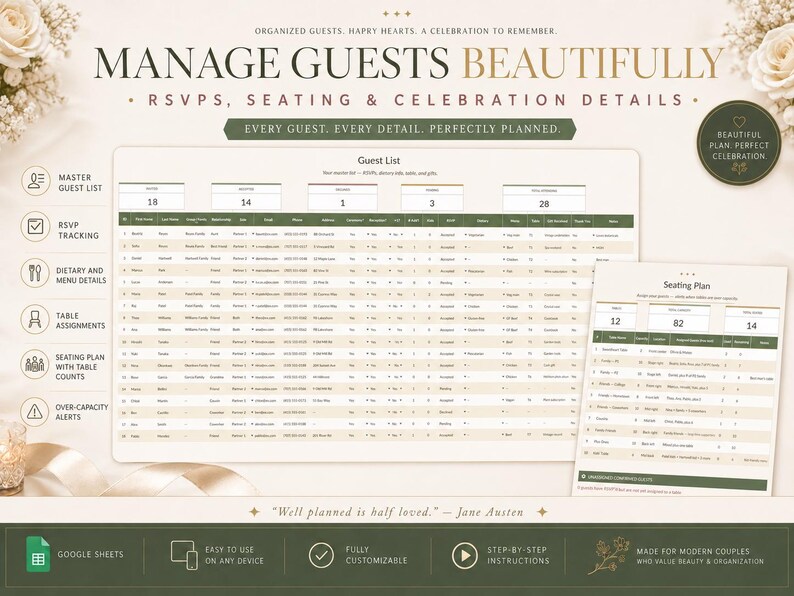 Wedding Planner Spreadsheet, Budget, Guest List, Seating Chart (google ...