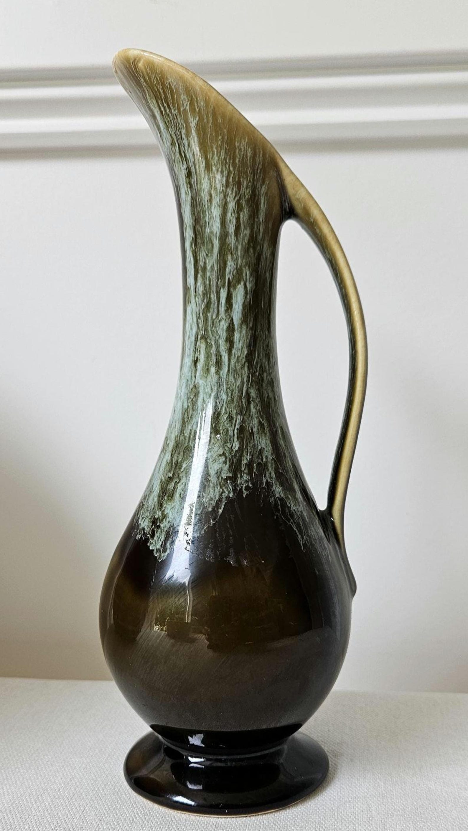Vintage USA Pottery Ewer Vase – Mid Century Modern Drip Glaze Pitcher ...