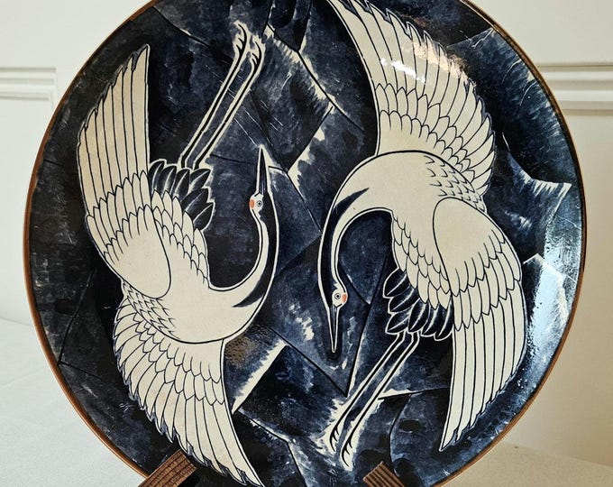 Vintage Japanese Crane Plate – Blue & White Art Pottery Wall Decor ...