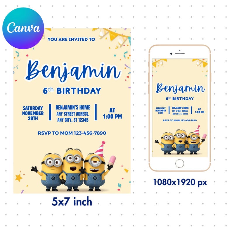 Cartoon Birthday Invitation, Funny Yellow Characters, Editable Canva ...