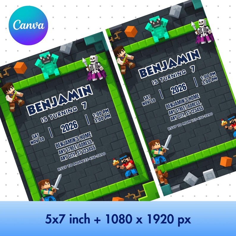Pixel Game Birthday Invitation Template, Boys 7th Birthday, Editable ...