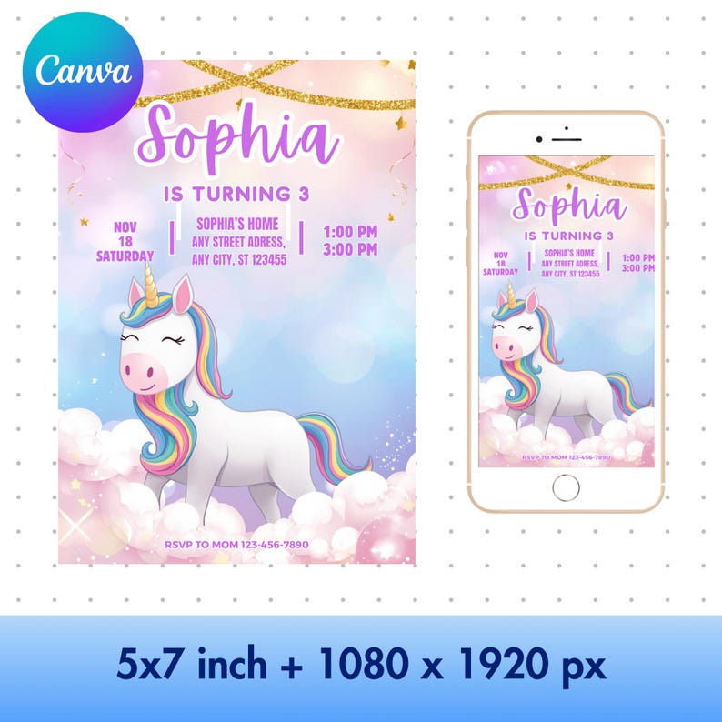 Unicorn Birthday Invitation Canva Template, Editable Pink Pastel Kids ...