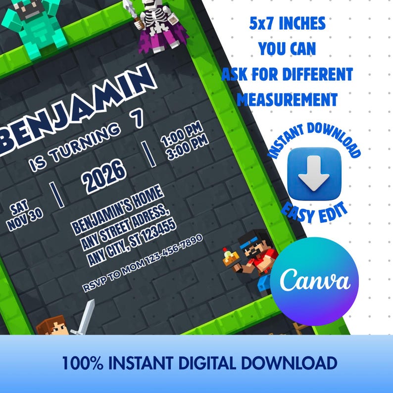 Pixel Game Birthday Invitation Template, Boys 7th Birthday, Editable ...