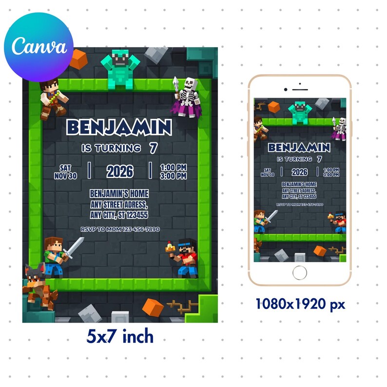 Pixel Game Birthday Invitation Template, Boys 7th Birthday, Editable ...