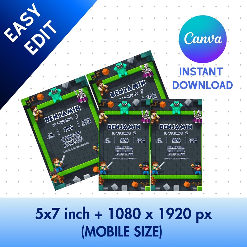 Pixel Game Birthday Invitation Template, Boys 7th Birthday, Editable ...