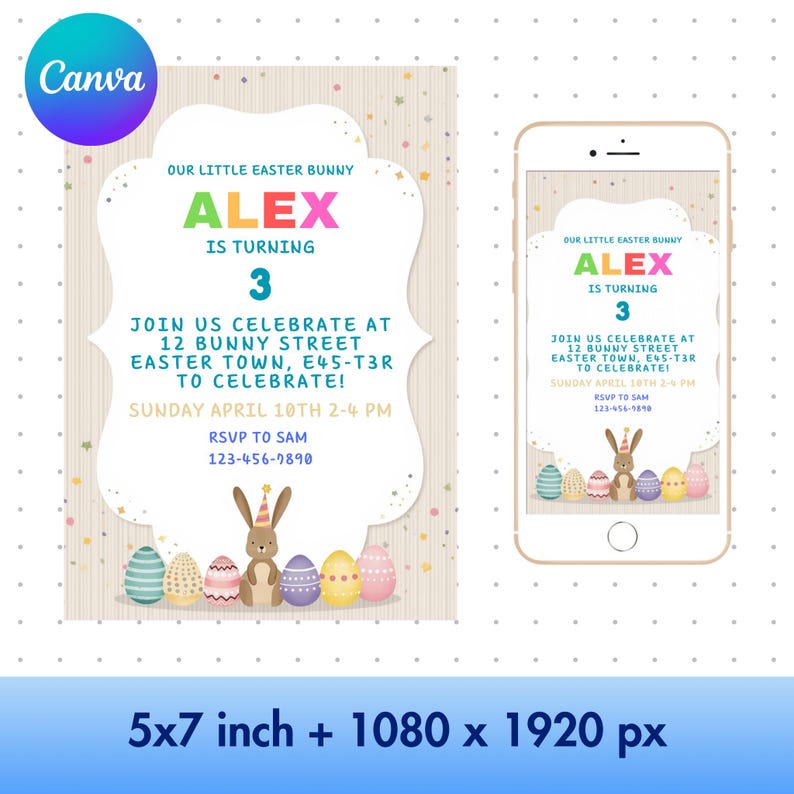 Easter Bunny 3rd Birthday Invitation, Pastel Egg Theme (instant ...