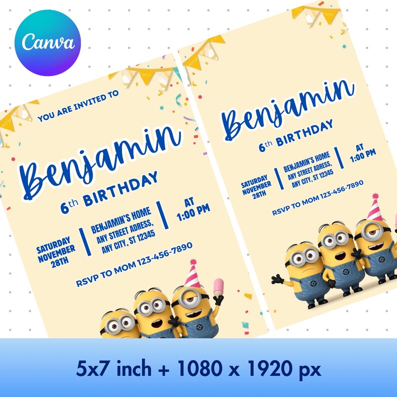 Cartoon Birthday Invitation, Funny Yellow Characters, Editable Canva ...