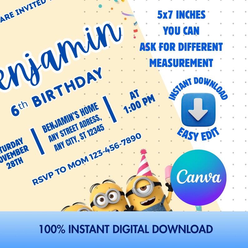 Cartoon Birthday Invitation, Funny Yellow Characters, Editable Canva ...