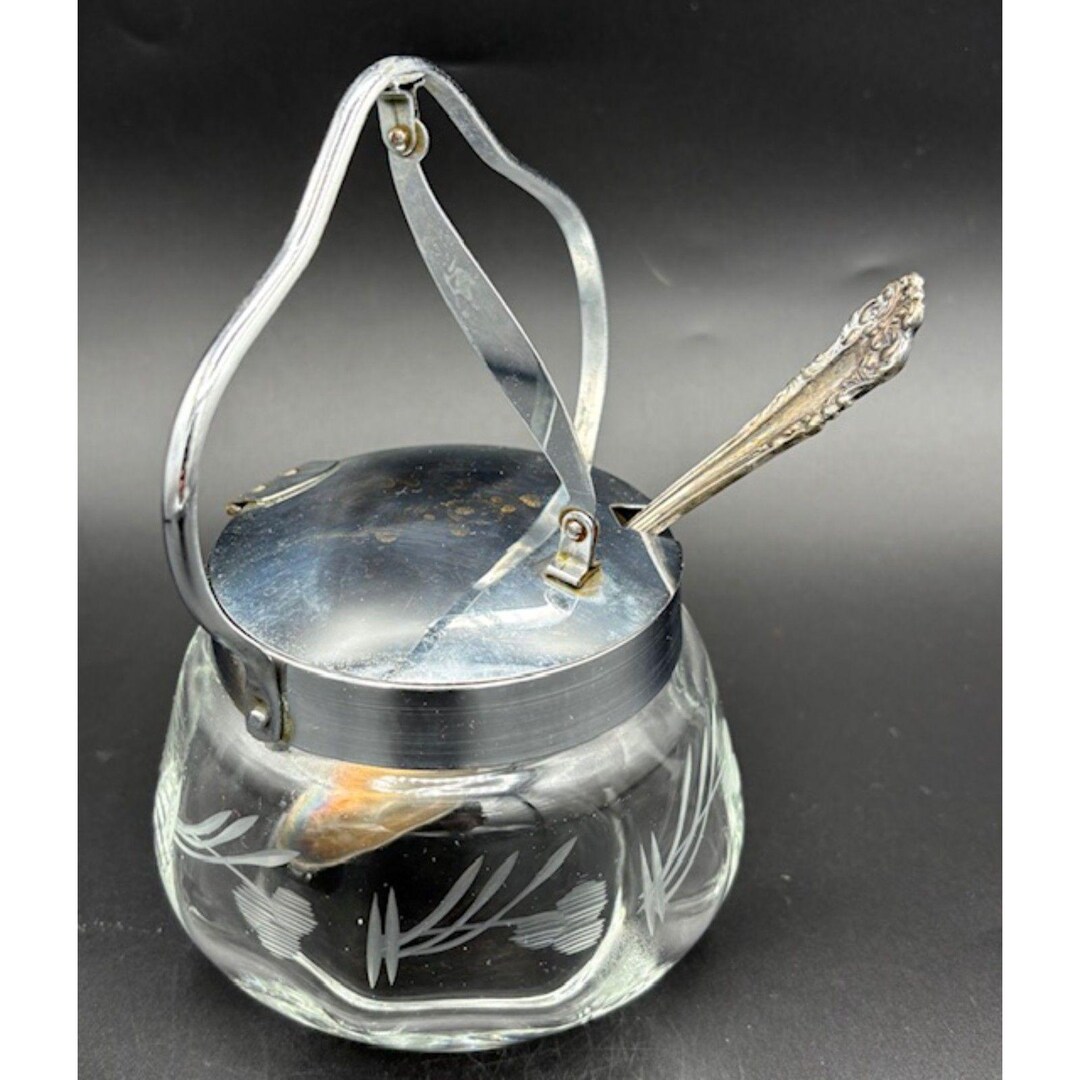 Vintage Etched Glass Hinge Lidded Jam Jar With Spoon Condiment Caviar ...