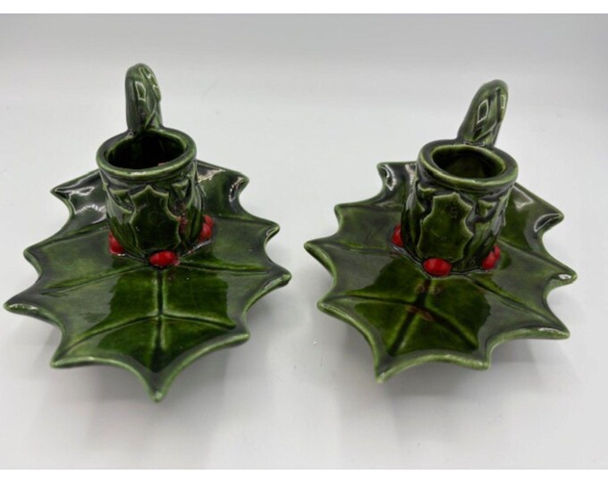 1950s Christmas Glass Glazed Holly Candle Holders Pair Vintage - Etsy