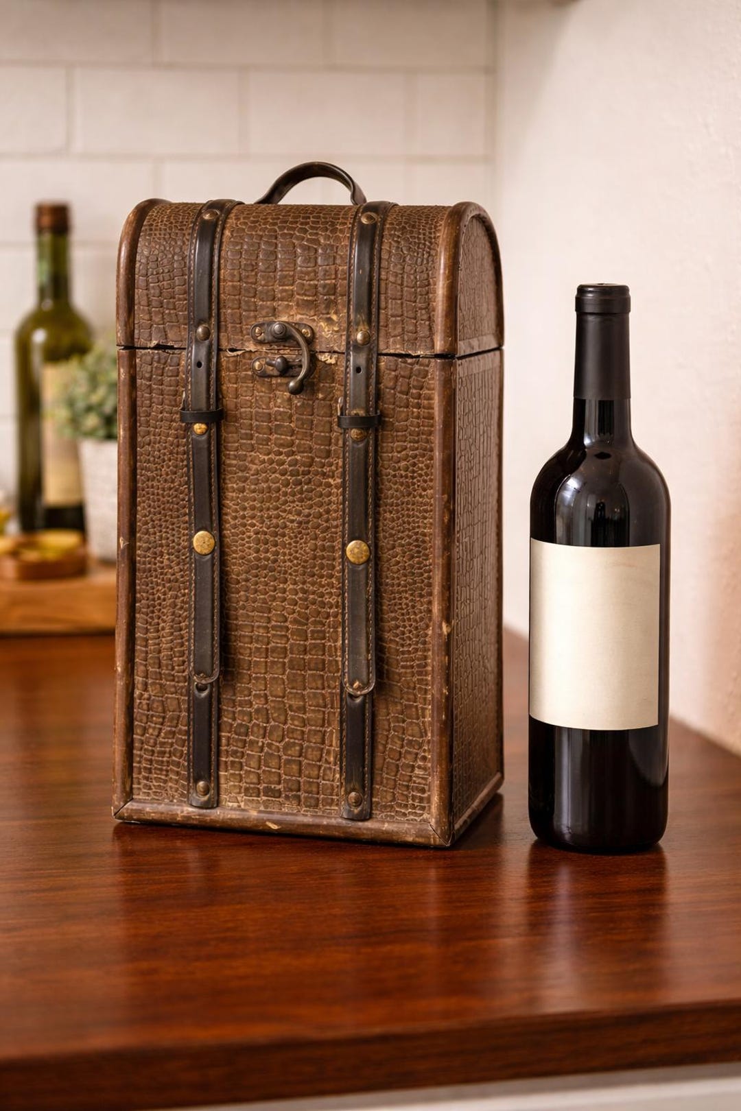 Vintage Wooden Travel Trunk Box Faux Crocodile Leather Rustic Storage ...