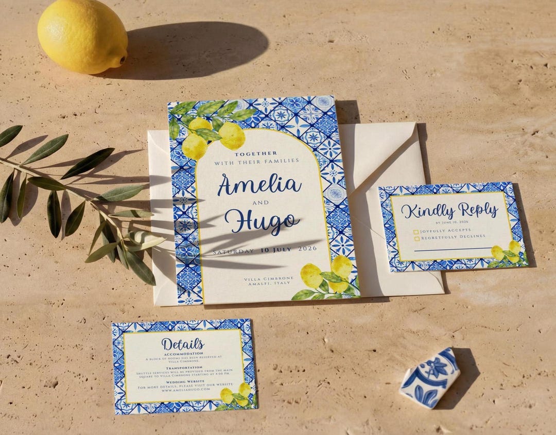 Portuguese Tile Wedding Invitation Suite, Mediterranean Theme, Amalfi ...
