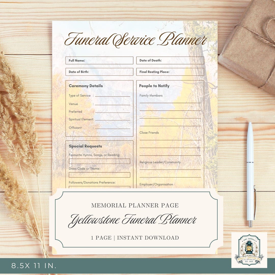 Yellowstone Funeral Planner | Memorial Planning Page | Printable ...