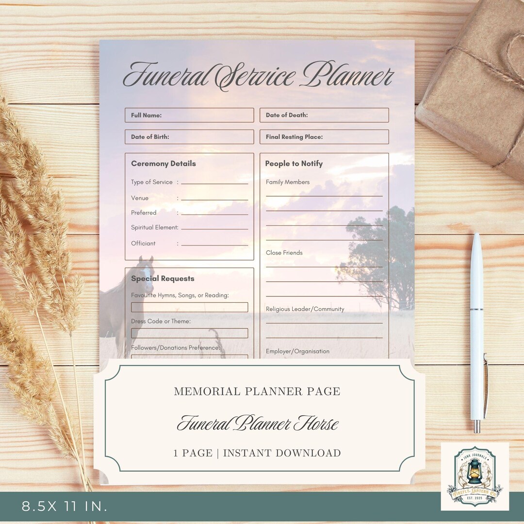 Funeral Planner |horse Funeral Planning Page | Printable Digital ...