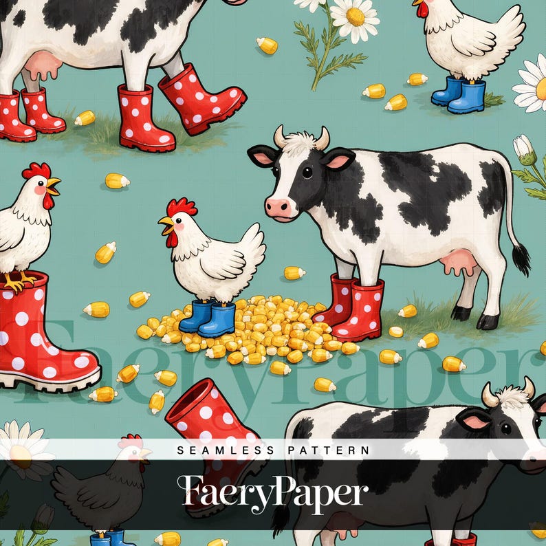 Cottagecore Farm Animals Seamless Pattern – Cows, Hens in Boots ...